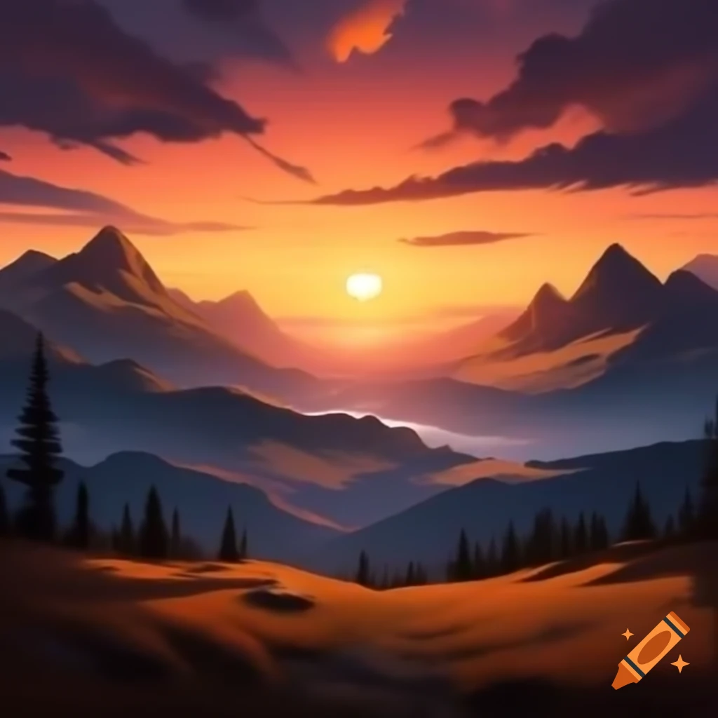 High-definition sunset landscape with majestic mountains, golden-orange ...