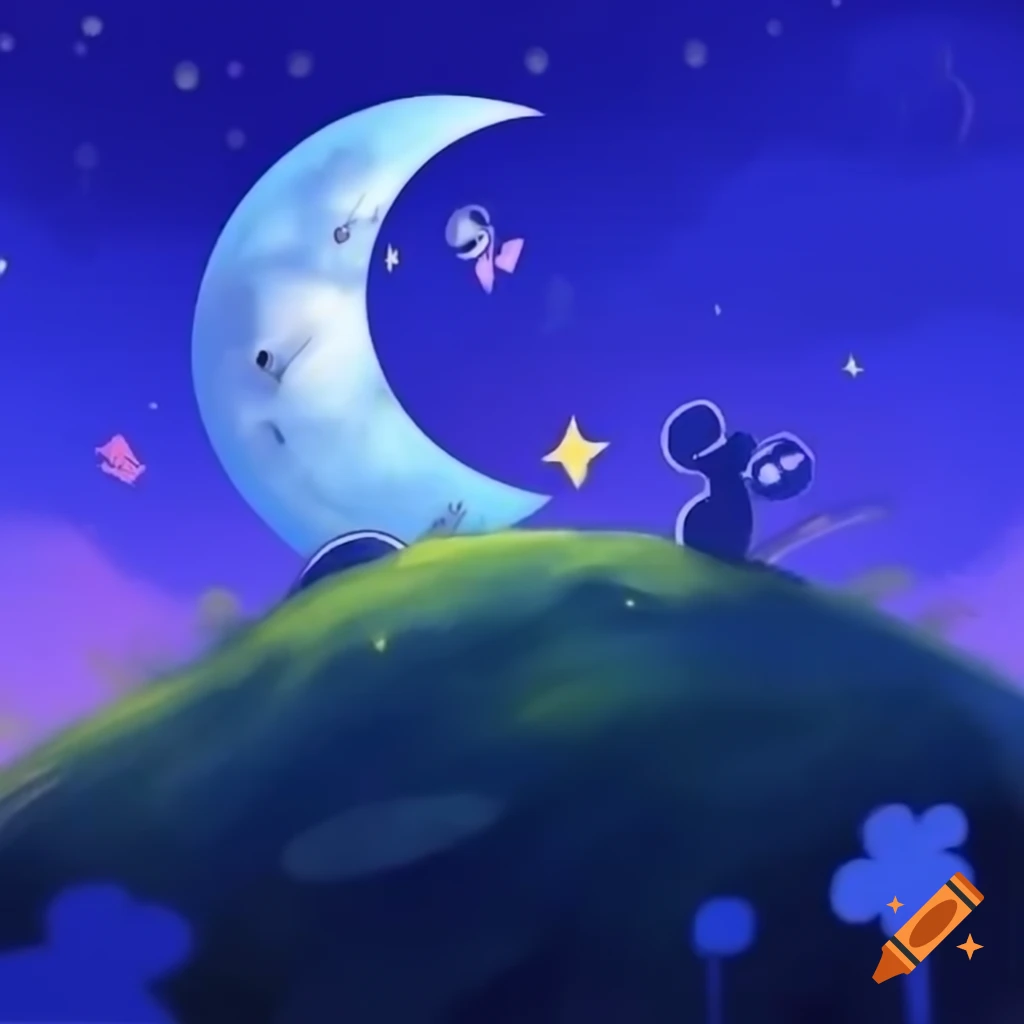 Cartoon hill with mouse and firefly silhouettes under moonlight, Pixar ...