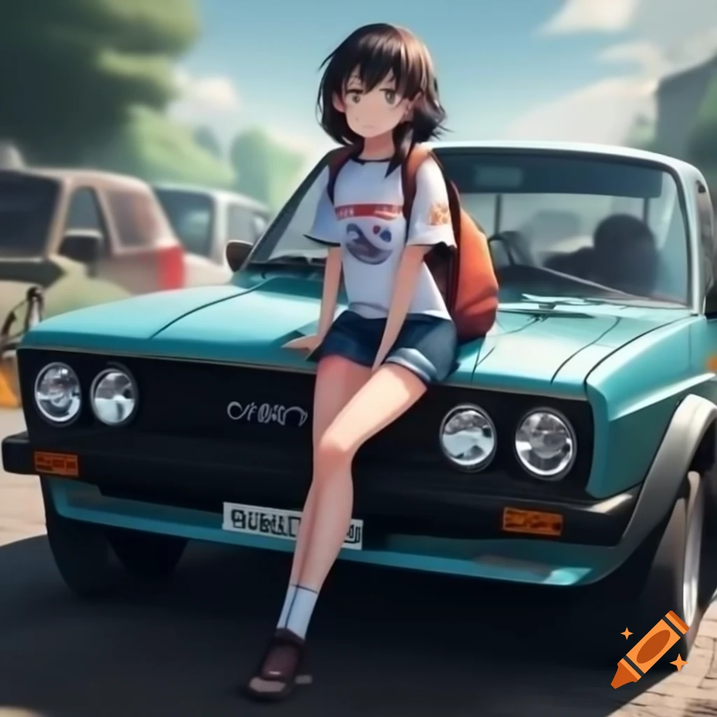 Anime girl with Dodge T-shirt sitting on Lada VFTS rally car on Craiyon