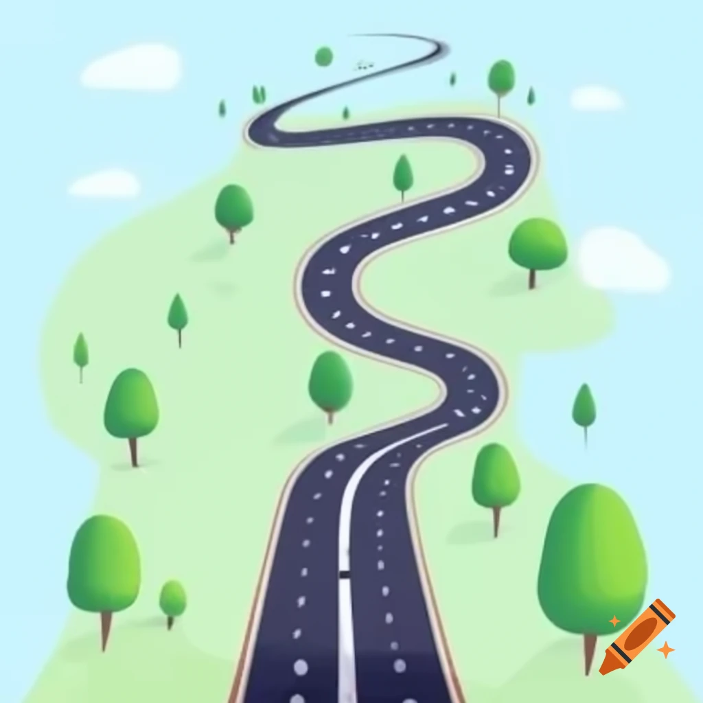 Vector drawing of a winding road with six curves and designated spots ...