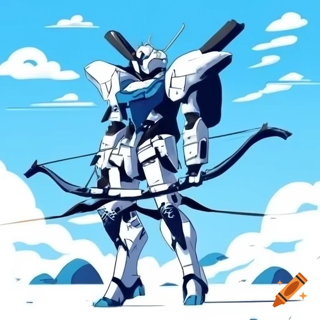 Fantasy mecha wielding a bow in sky blue with white and navy blue ...