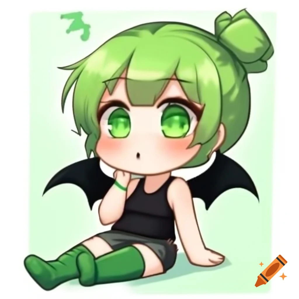 Cute chibi character with green eyes and hair in relaxed pose on Craiyon