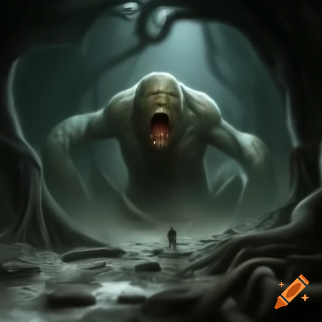 Abstract representation of anxiety in a liminal space with giant ...