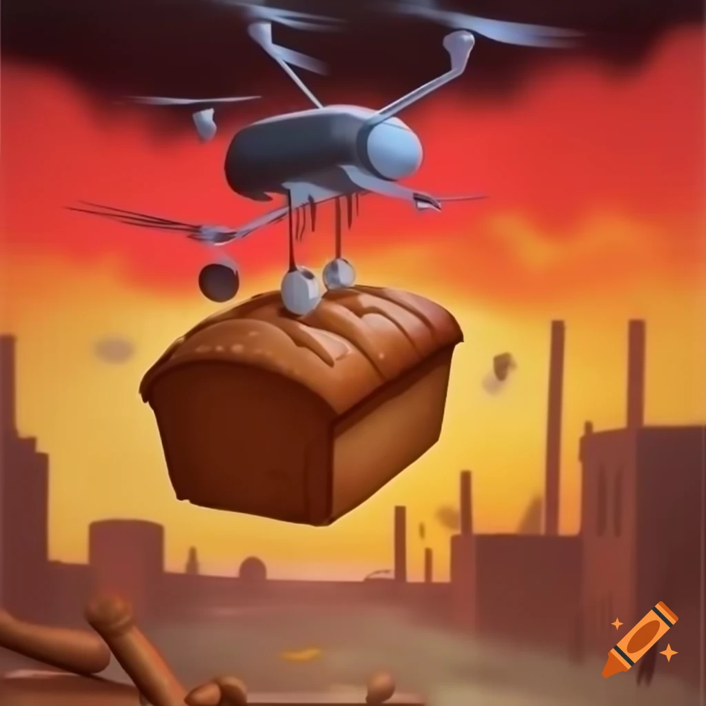 Surreal illustration of flying bread with drone propellers and gas mask ...