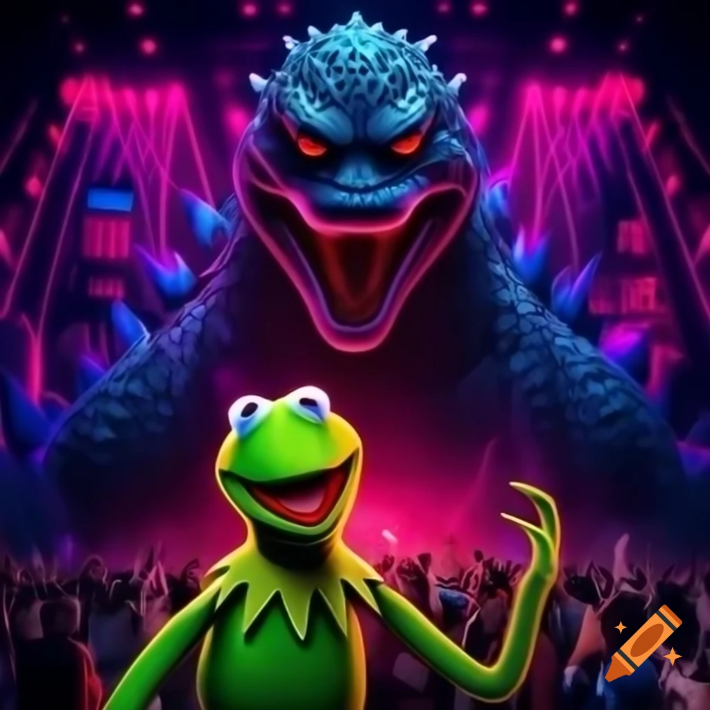 Godzilla and Kermit in vibrant nightclub scene with neon art on Craiyon
