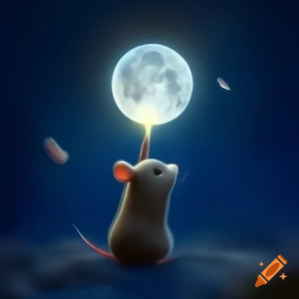 Close-up of magical moon with mouse reaching toward it and stardust on ...