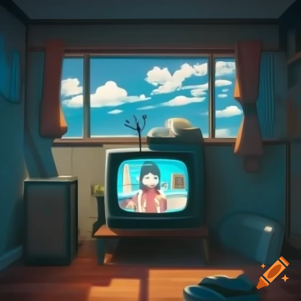 Cozy indoor room with vintage CRT TV and window, shonen-style anime on ...