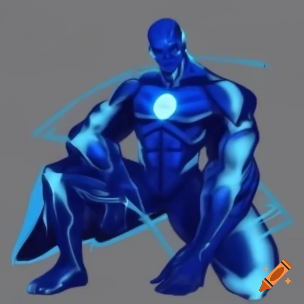 Sleek superhero Blue Beam in blue-and-white morphsuit on Craiyon