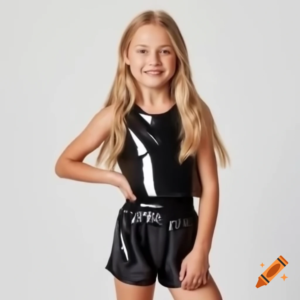 Smiling girl wearing black shiny boxing shorts and blonde hair on Craiyon