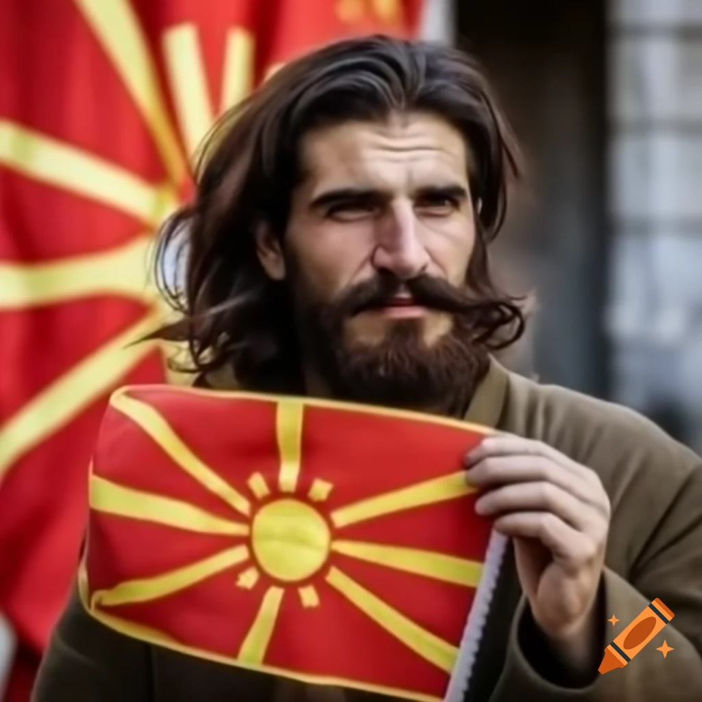 North Macedonian man with side part hairstyle and mustache holding ...