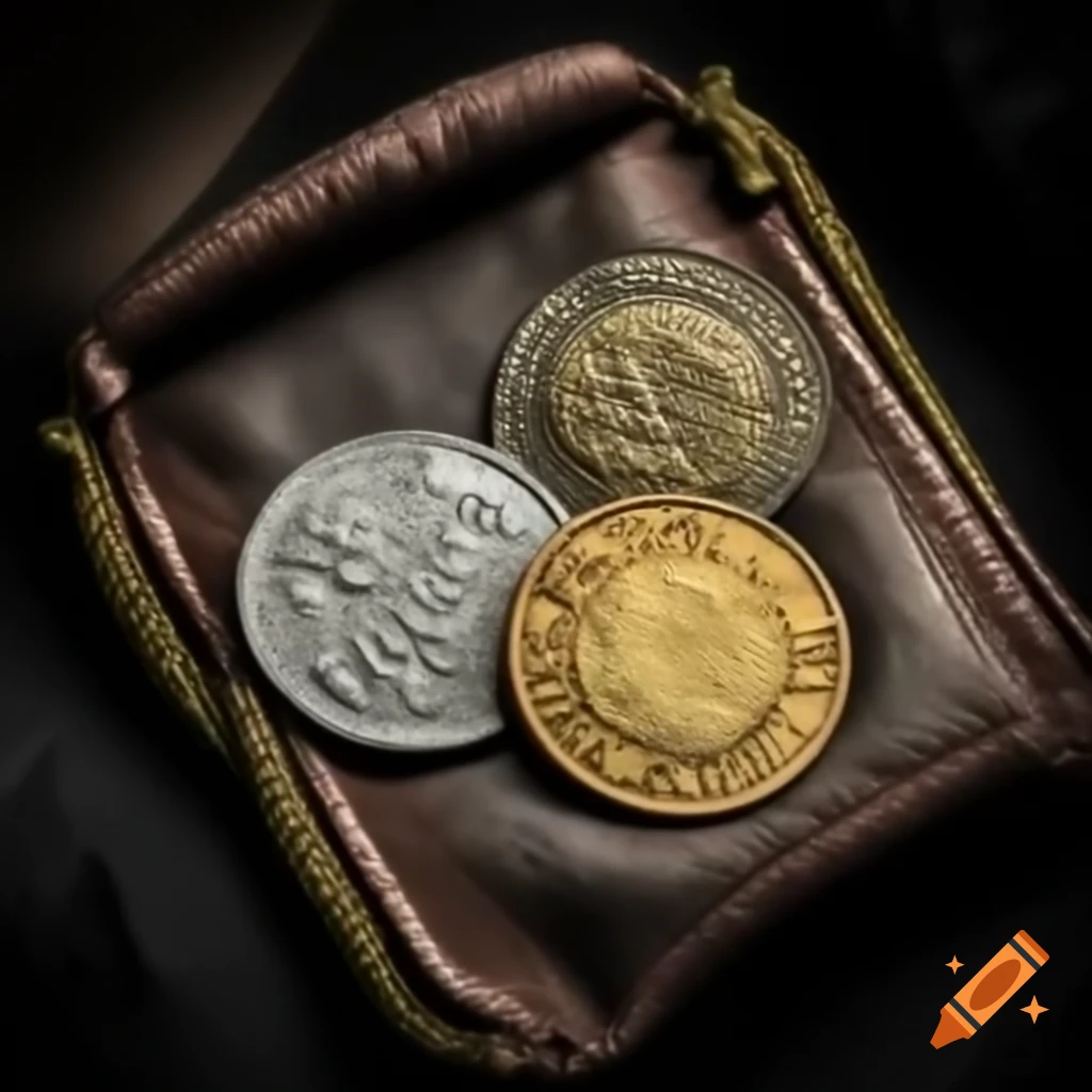 Three old coins in medieval pouch: silver, gold, and copper on Craiyon