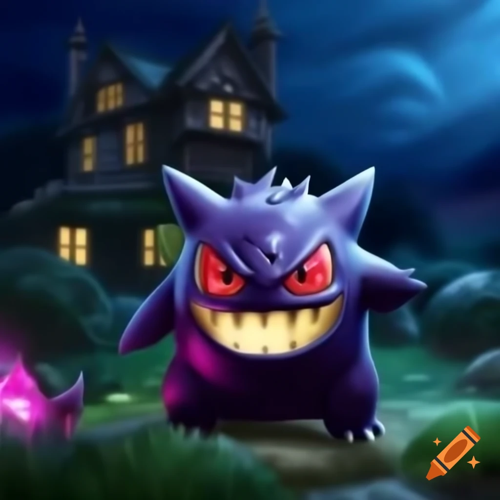 Gengar Pokemon in gothic England at night near haunted house on Craiyon