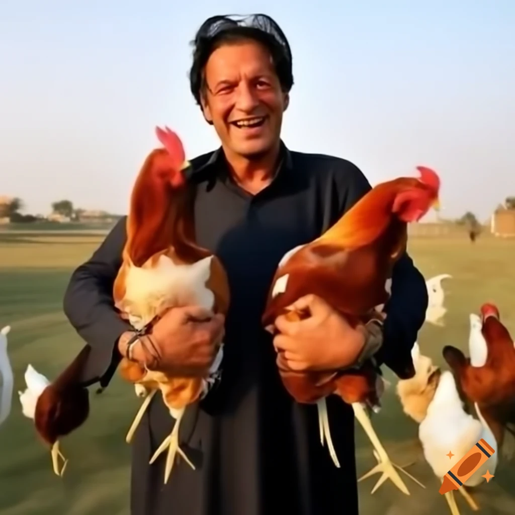 Imran Khan smiling with chickens at farm or rally setting on Craiyon