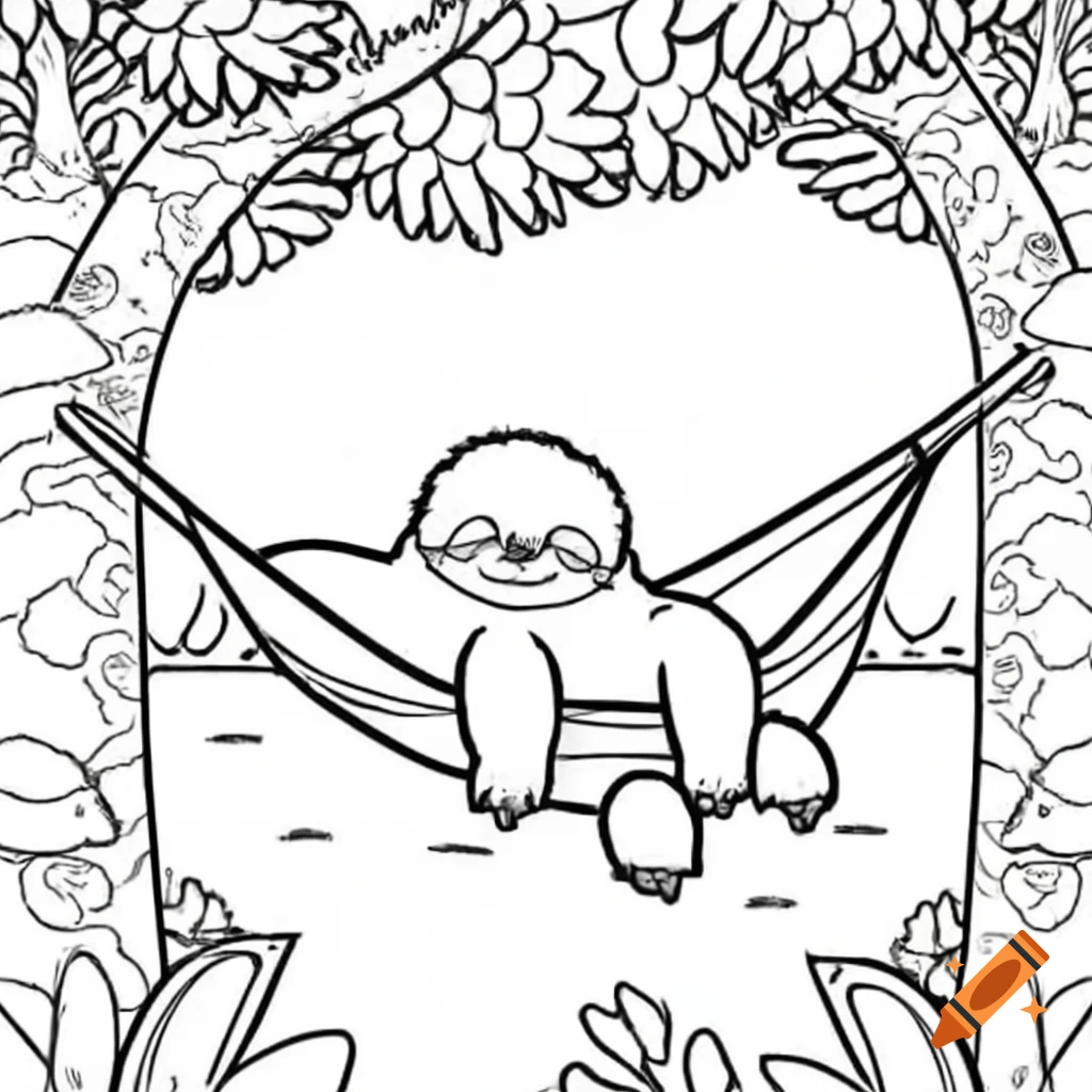 Sloth relaxing in hammock with coconut drink, coloring book style on ...