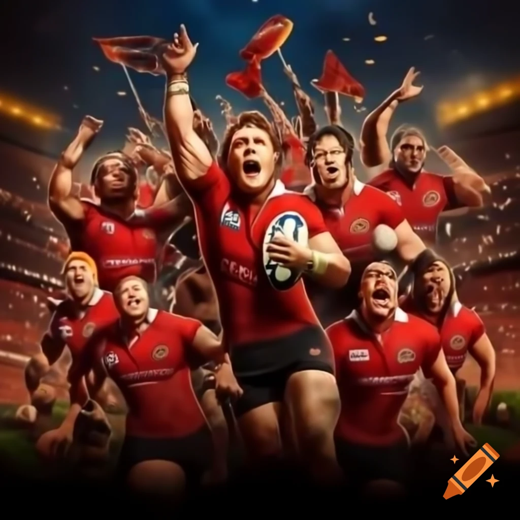Energetic rugby fans in red and black cheering in stadium on Craiyon