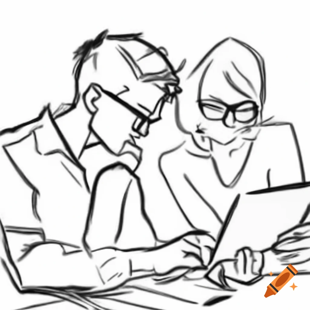 Black and white pencil sketch of two people planning on a tablet on Craiyon