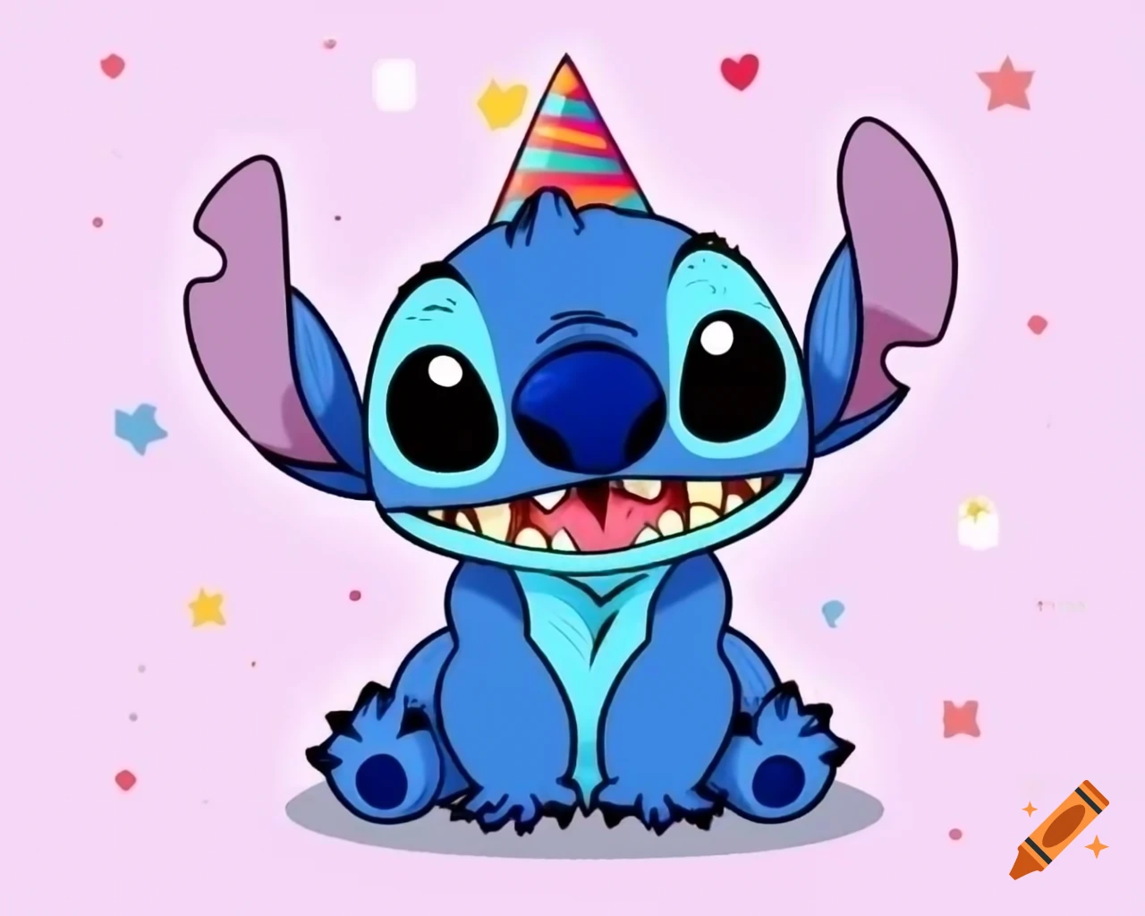 Cute smiling Stitch character with party hat celebrating on Craiyon