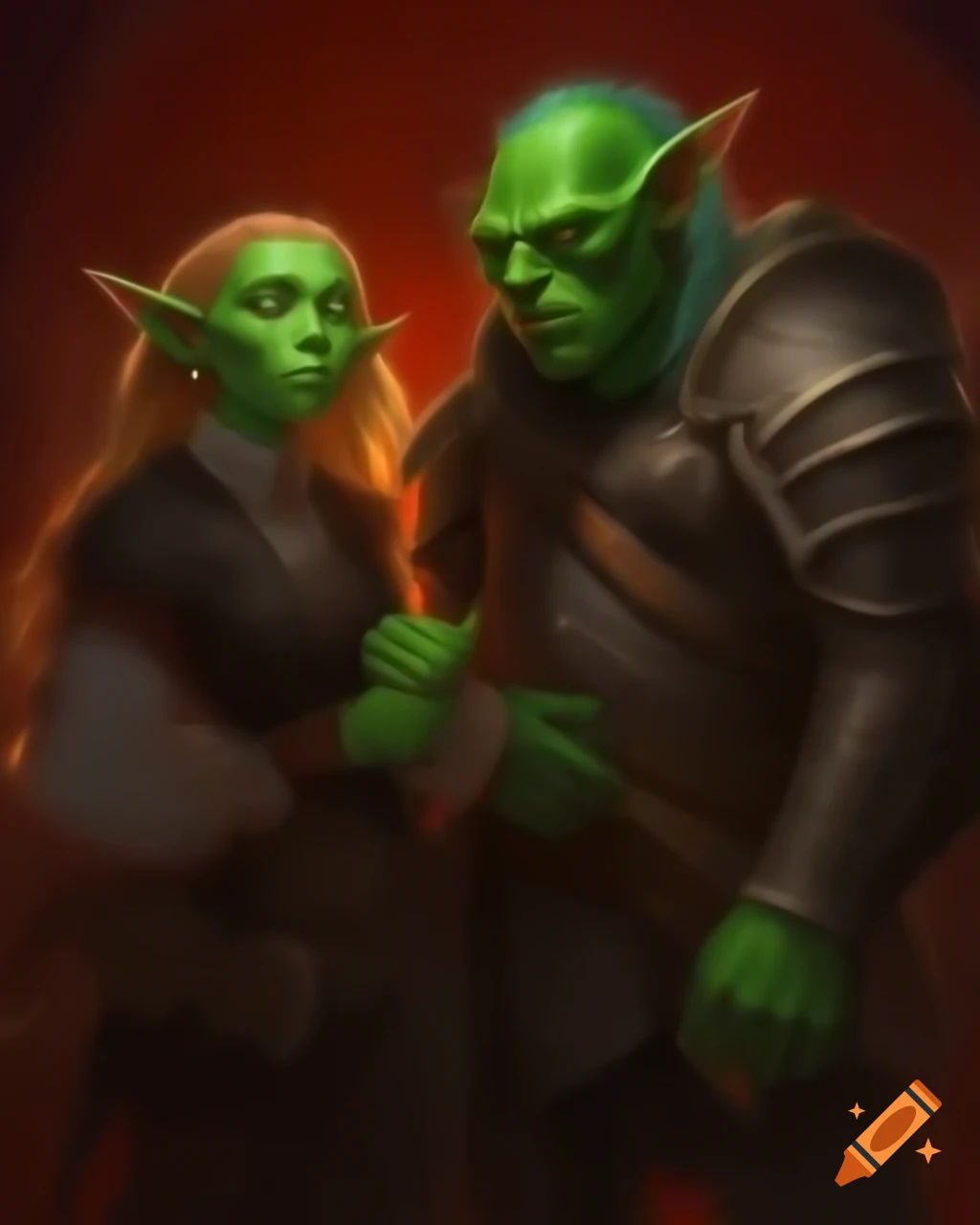 Green-skinned goblin couple conversing with tall palace guard in anime ...