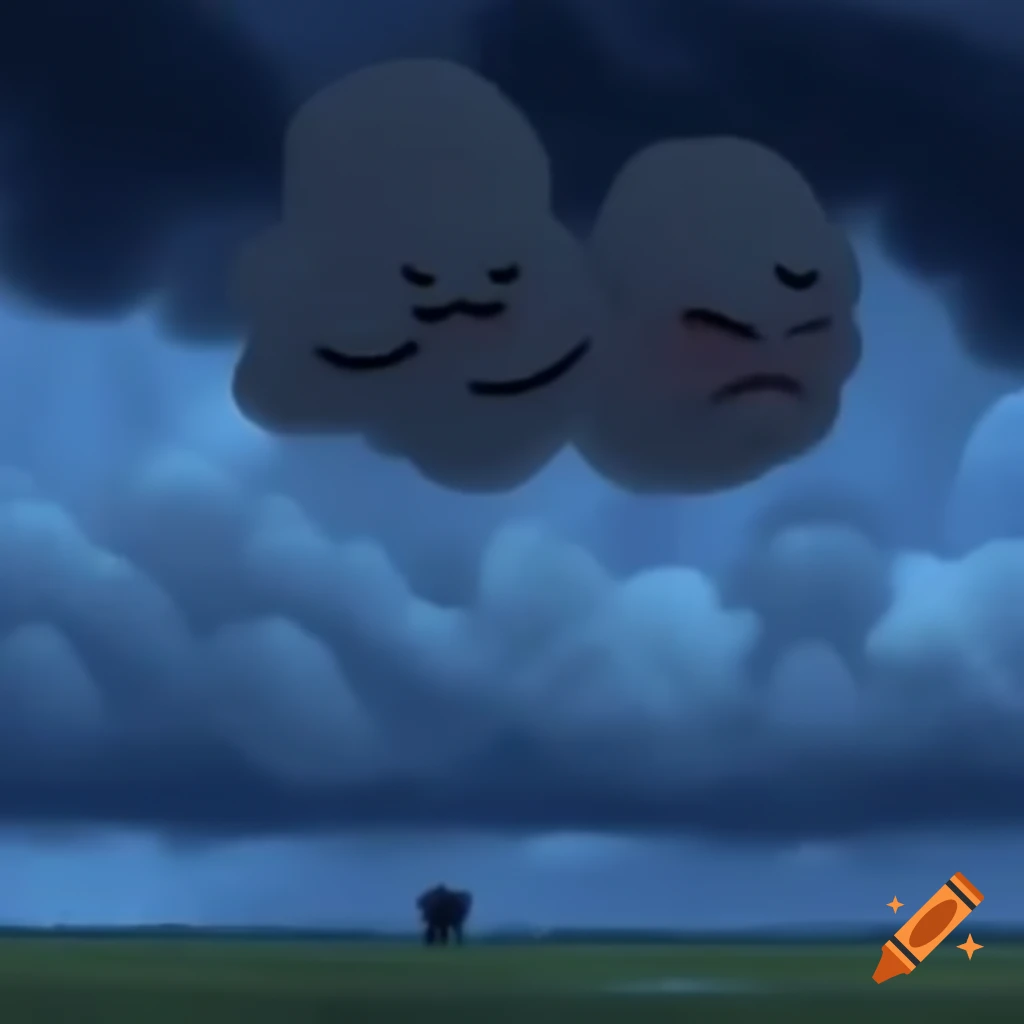 Animated clouds in rain storm, one sad cloud among serious ones on Craiyon