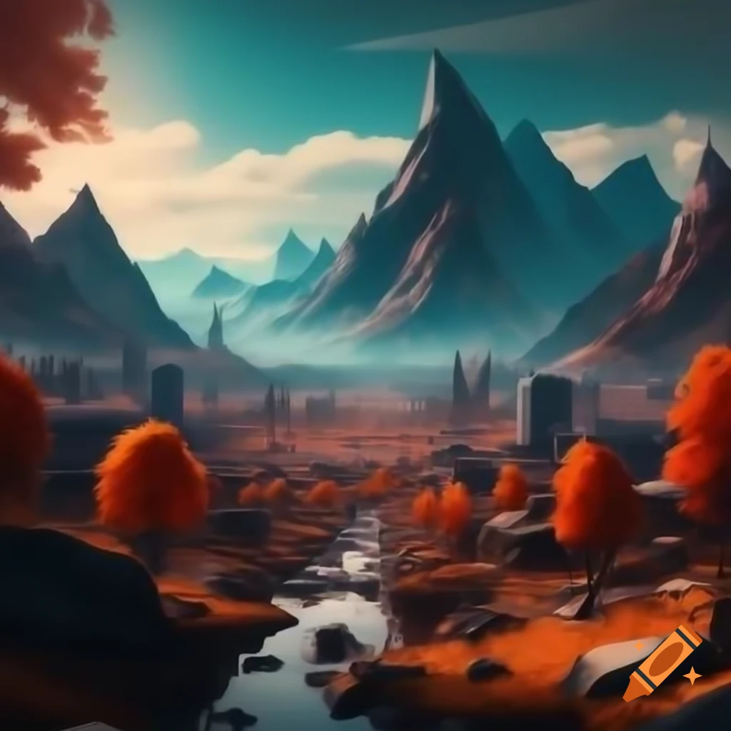 Surreal futuristic city amidst beautiful autumn mountain landscape in ...