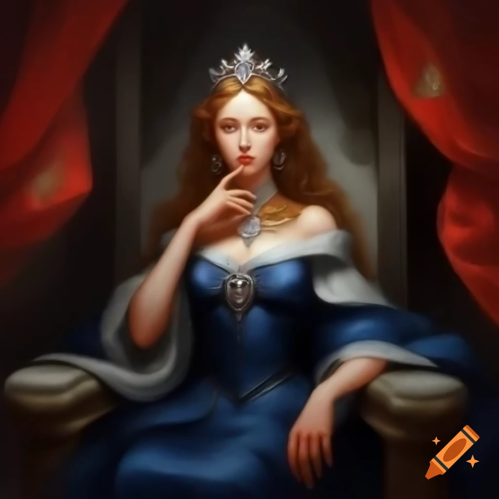 Classical oil painting of young queen consort on throne in silver gown ...