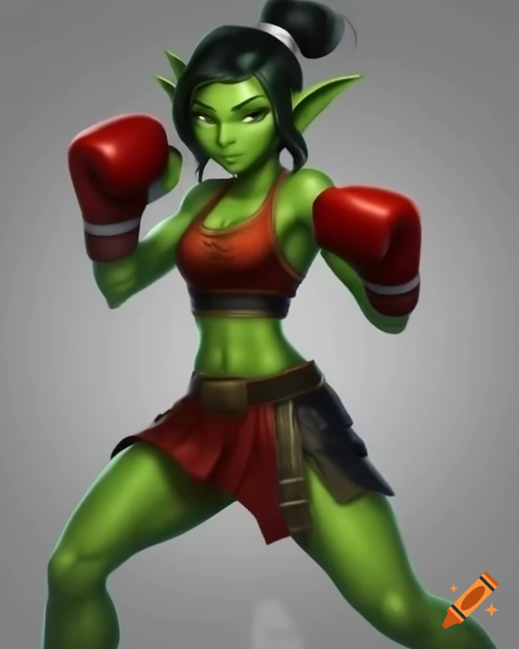 Green-skinned goblin girl in muay thai outfit striking a fighting stance on Craiyon