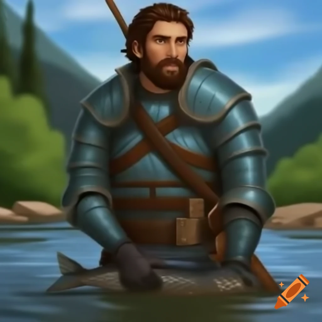 Naiad Guardian in fish scale armor standing in a river on Craiyon