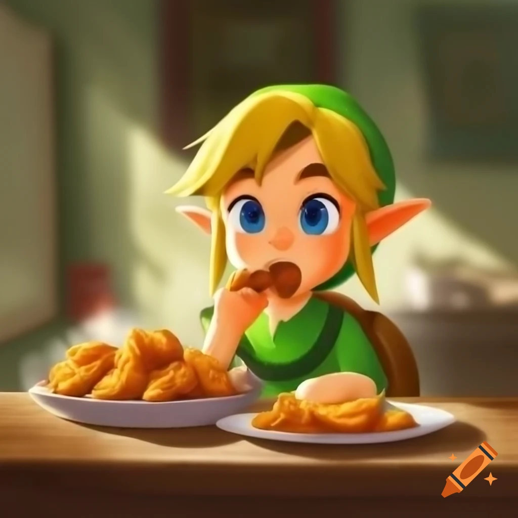 Character resembling Link from video games enjoying fried chicken on ...