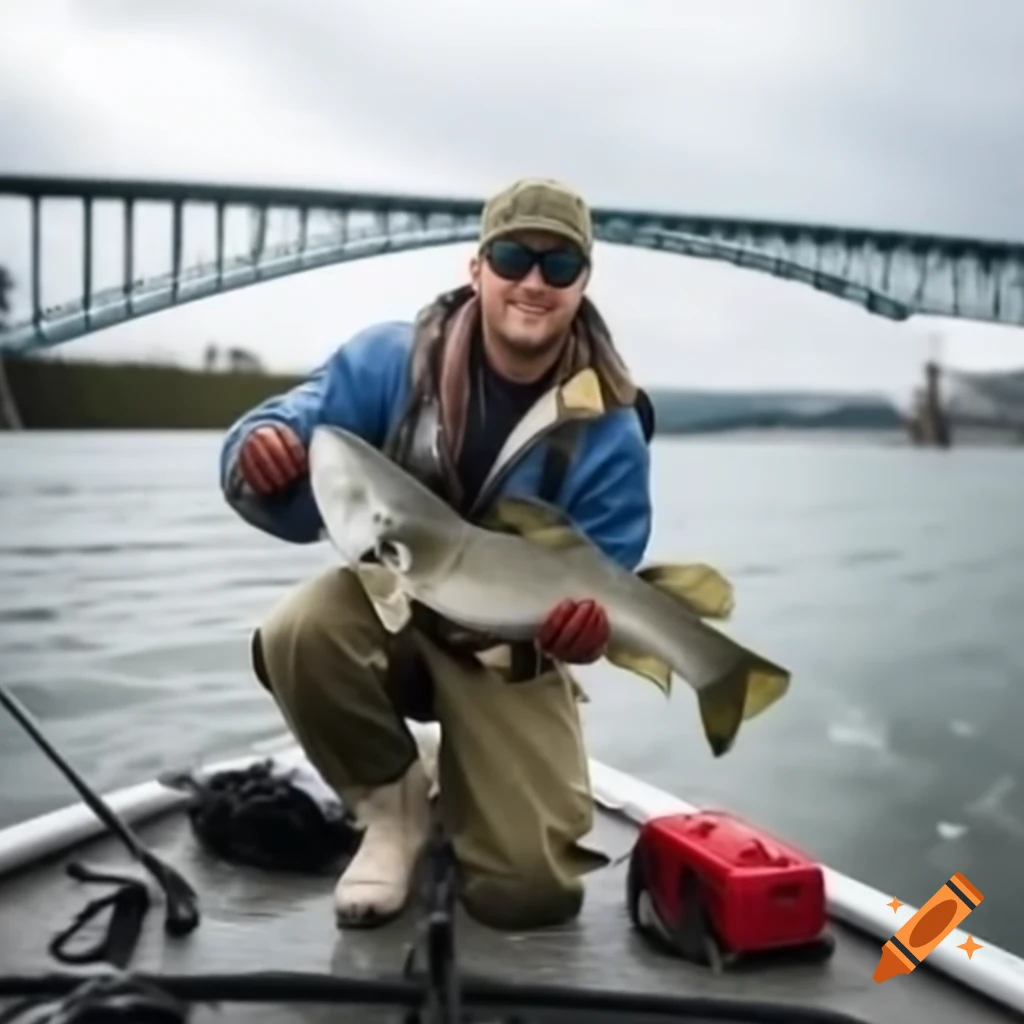 Snoop Dog fishing at Niagara River with Peace Bridge in view on Craiyon