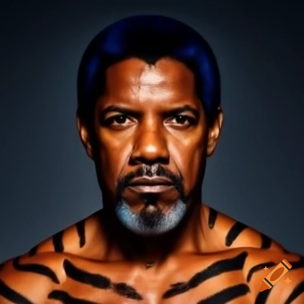 Muscular man with tiger-style makeup and blue hair on Craiyon