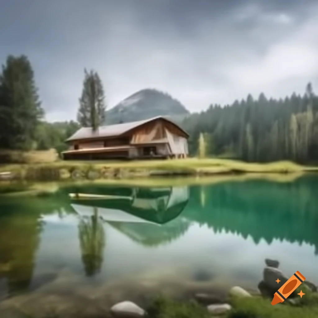 Manor house in English countryside with lake and tall trees under gray ...