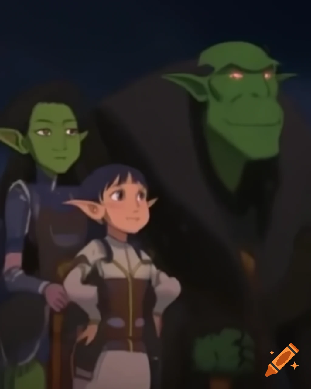 Goblin girl conversing with tall palace guard in anime style on Craiyon