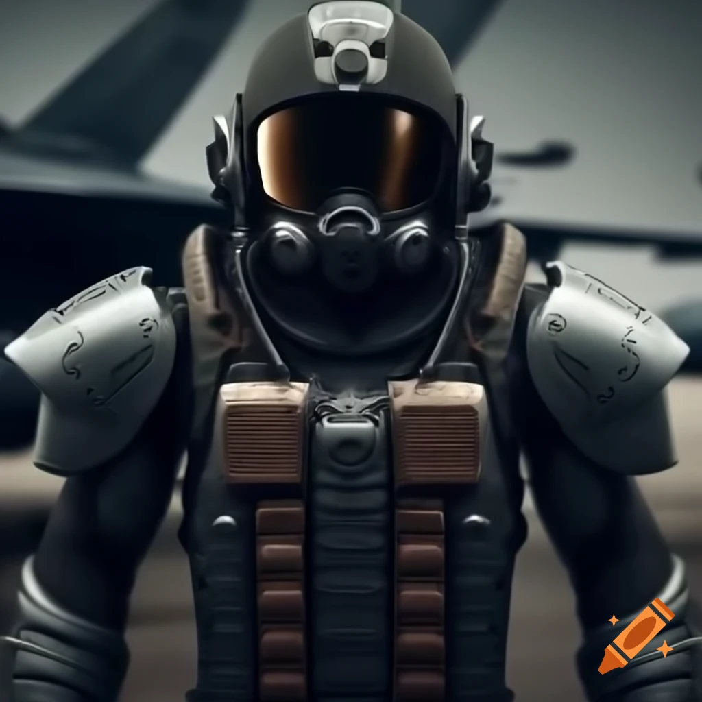 Modern flight suit with black and silver armor, featuring 'M' design ...