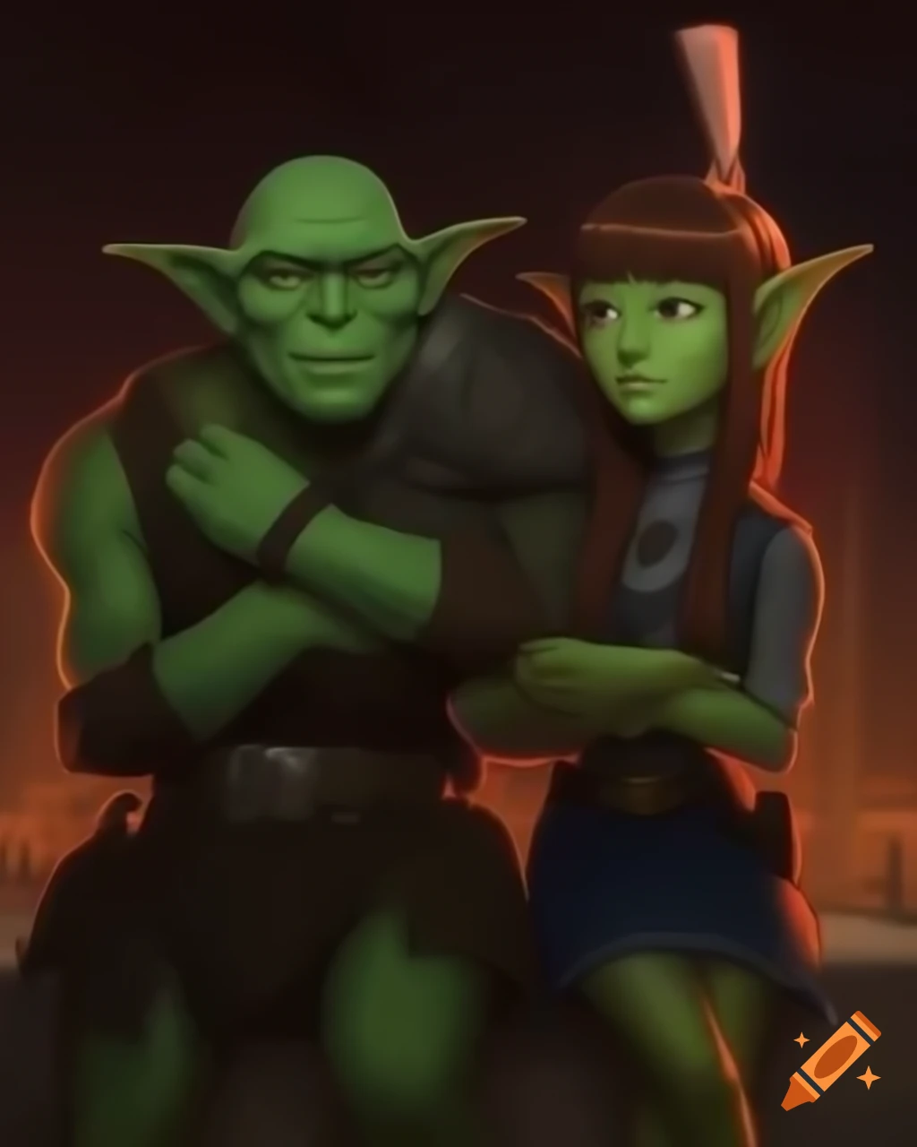 Green-skinned goblin couple conversing with tall palace guard in anime ...