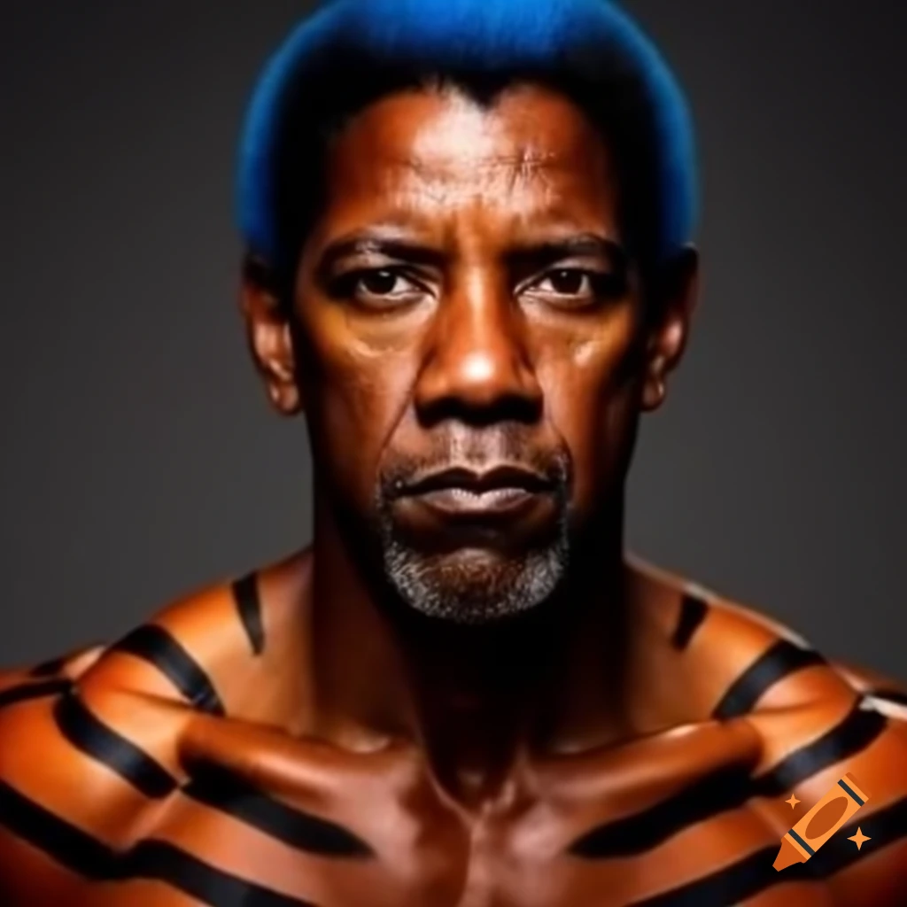 Muscular person with tiger-style makeup featuring blue hair and orange ...