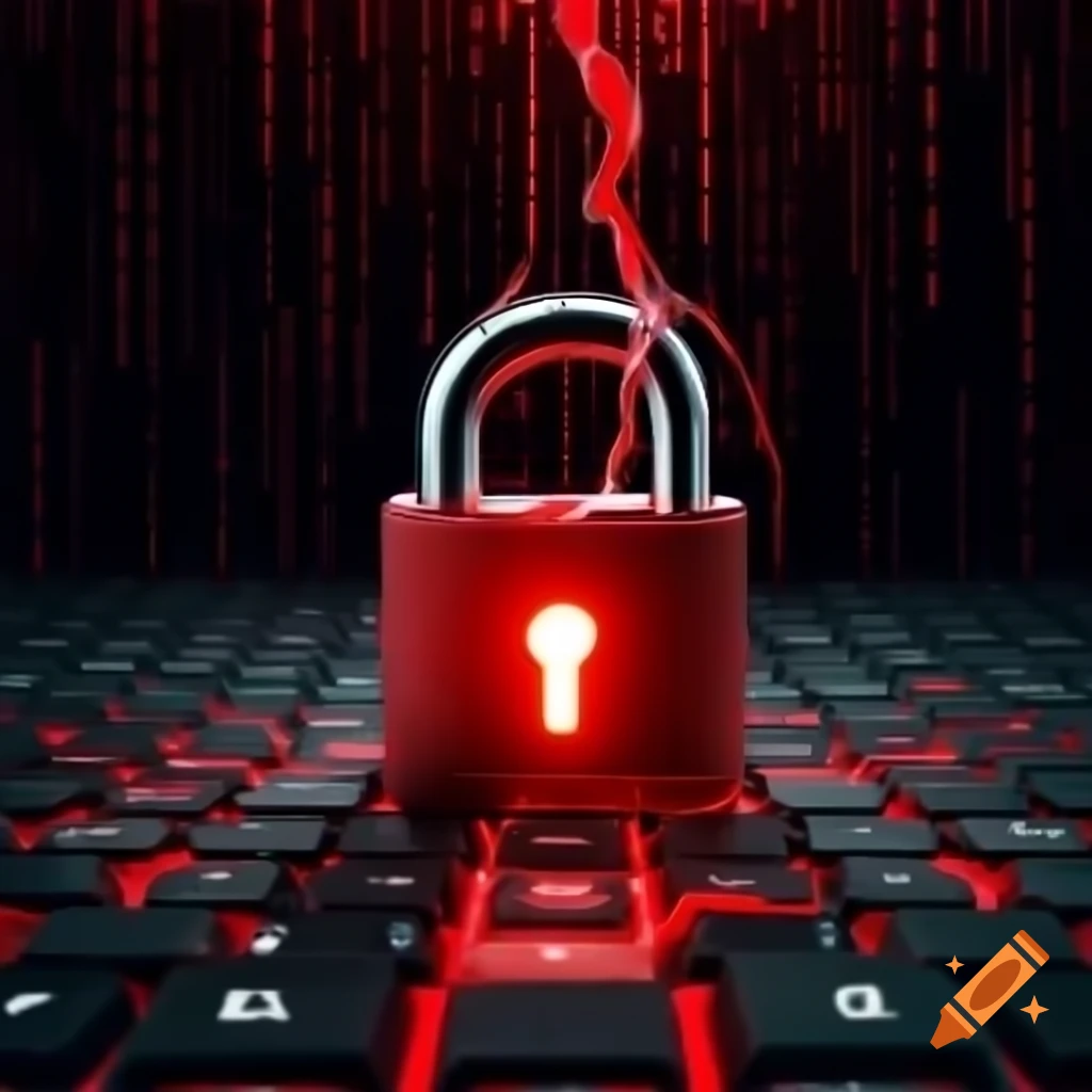 Cinematic digital illustration of glowing red broken padlock on keyboard with falling binary ...