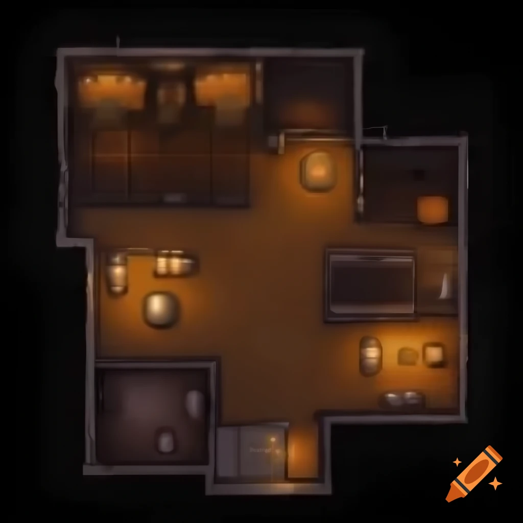 Top down view of a cozy tavern DnD map on Craiyon