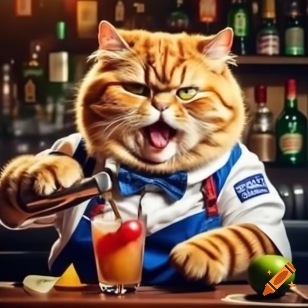 Chubby cat bartender in bow tie mixing drinks and laughing on Craiyon