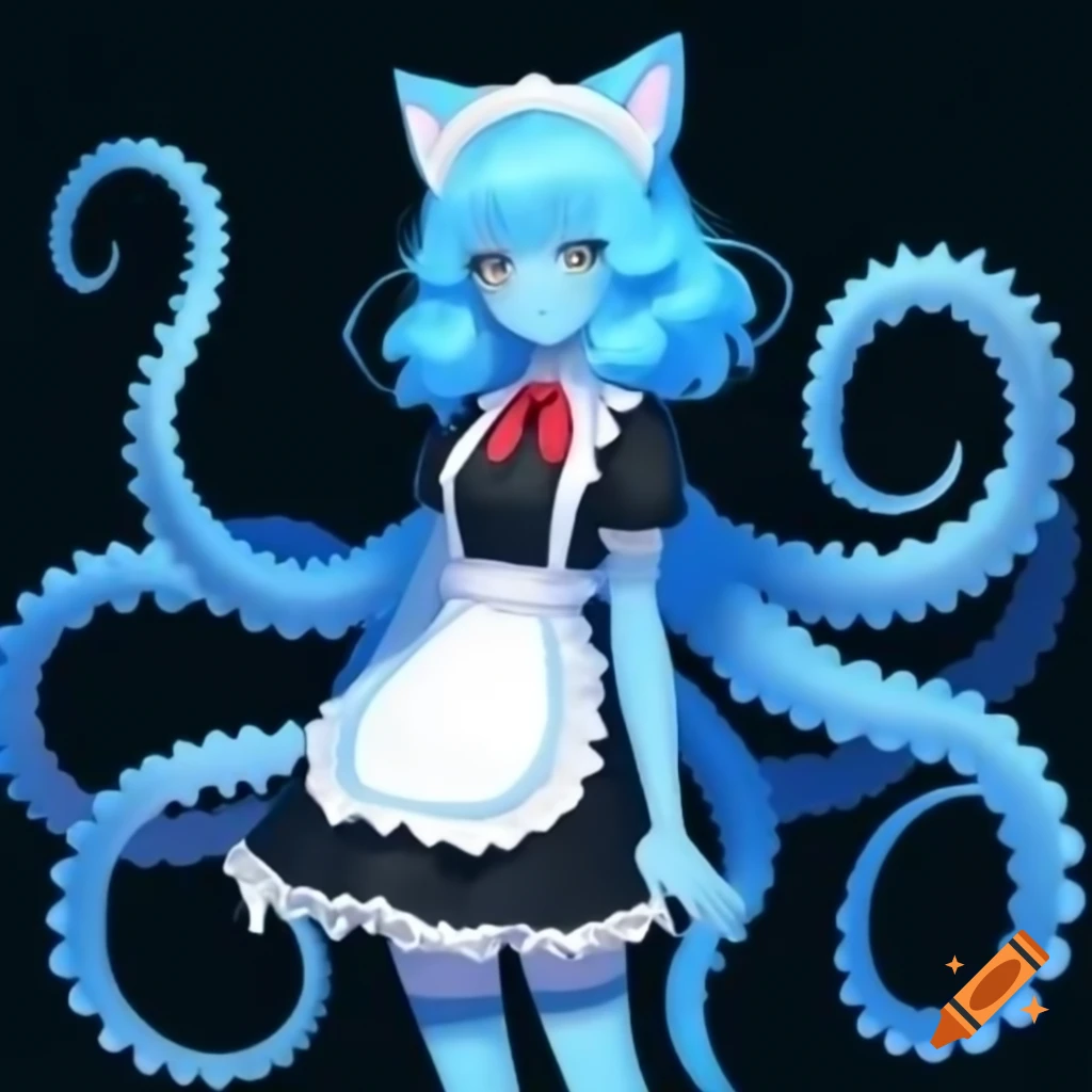 Humanoid blue octopus character with cat ears in maid outfit on Craiyon