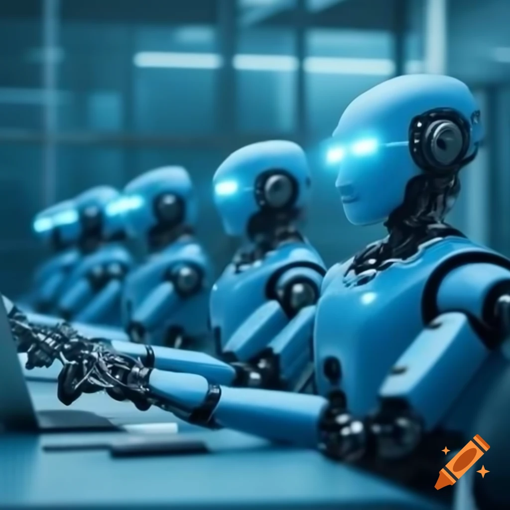 Background featuring blue robots working in a laboratory on Craiyon