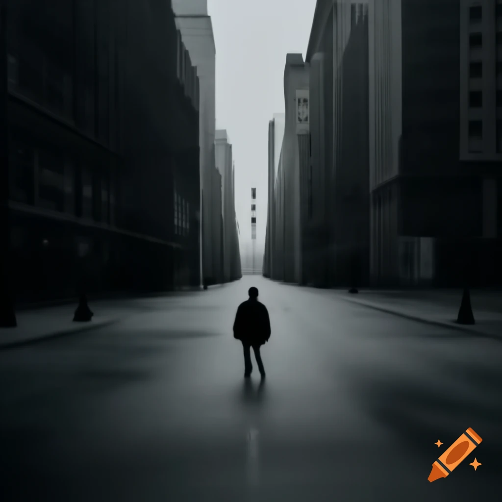 Stickman walking alone on dark deserted street with buildings and ...