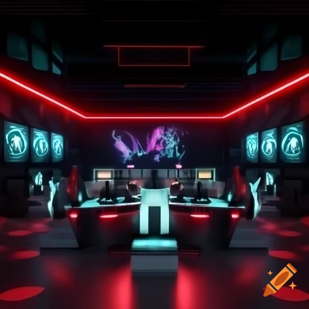 Futuristic gaming lounge with modern design and central counter on Craiyon