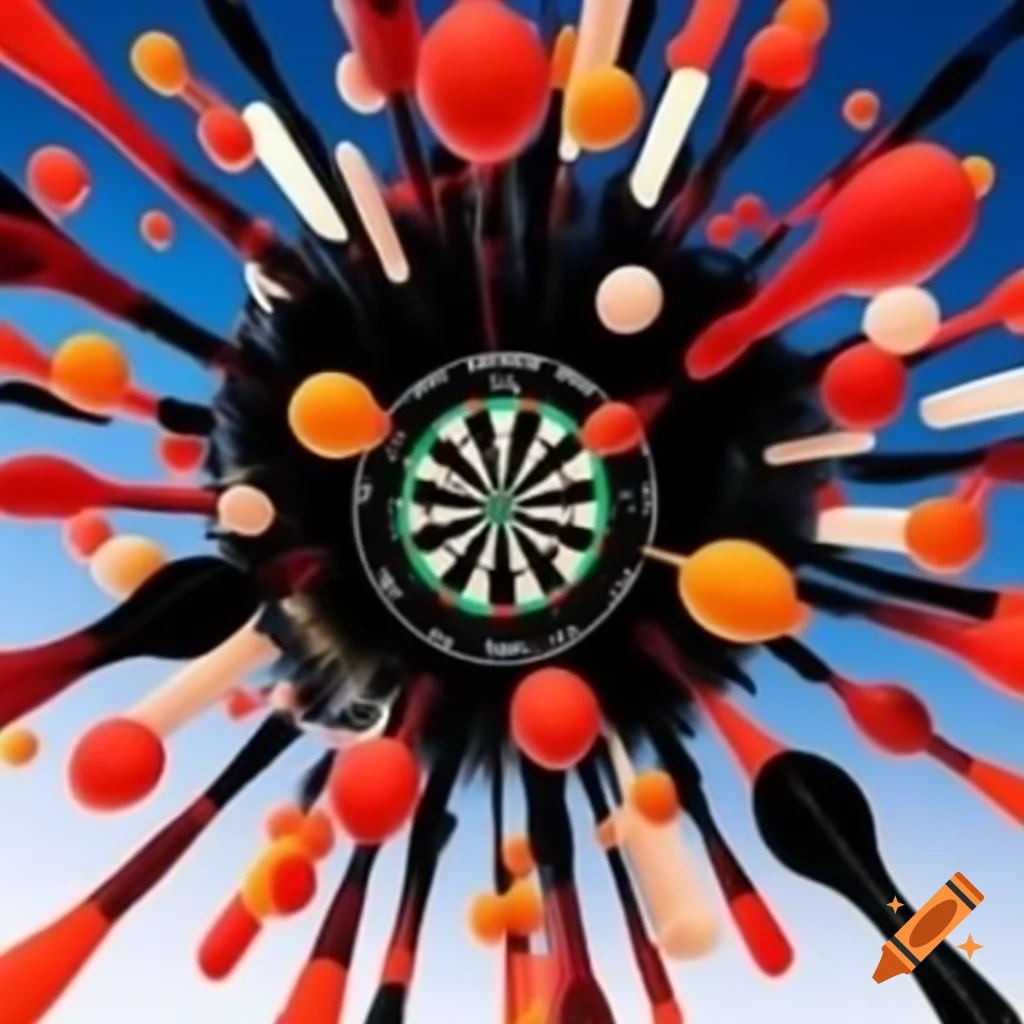 Colorful spheres exploding against black and white dartboard on Craiyon
