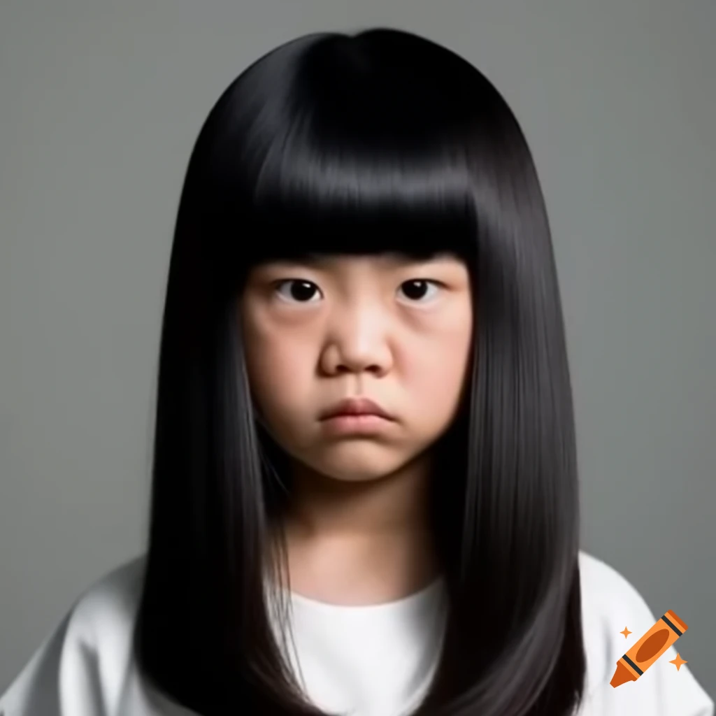 Angry girl with thick bangs preparing for a haircut on Craiyon