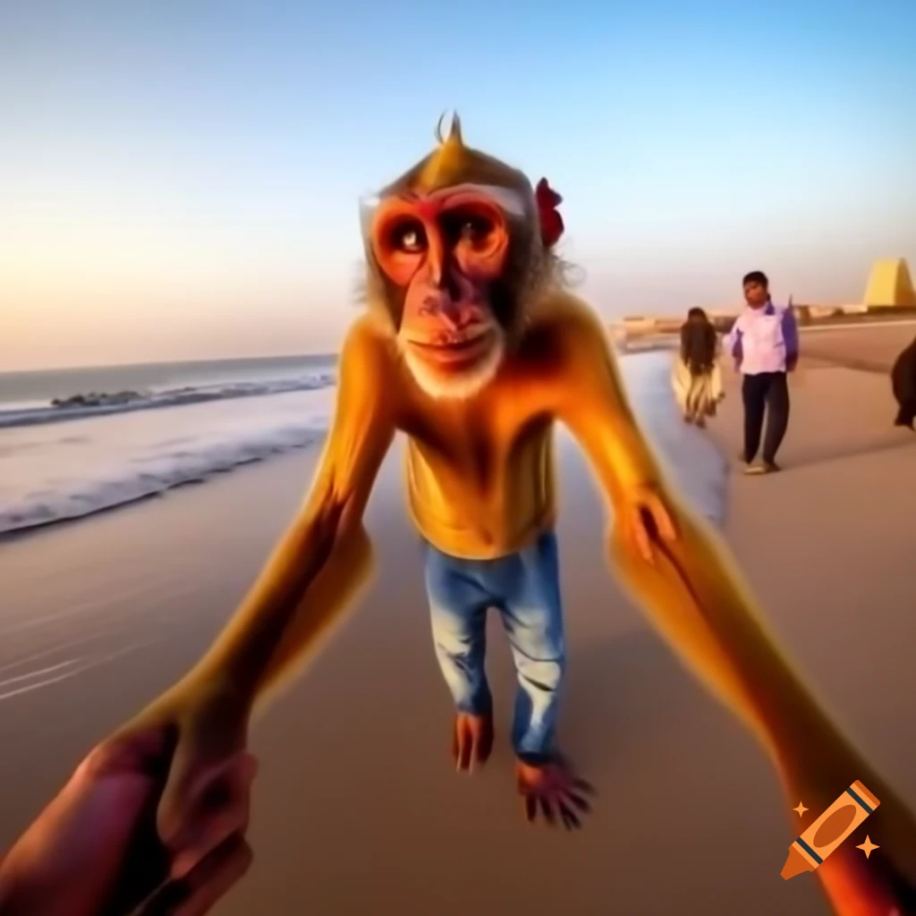 Humanoid monkey vlogging on beach in Karachi during golden hour on Craiyon