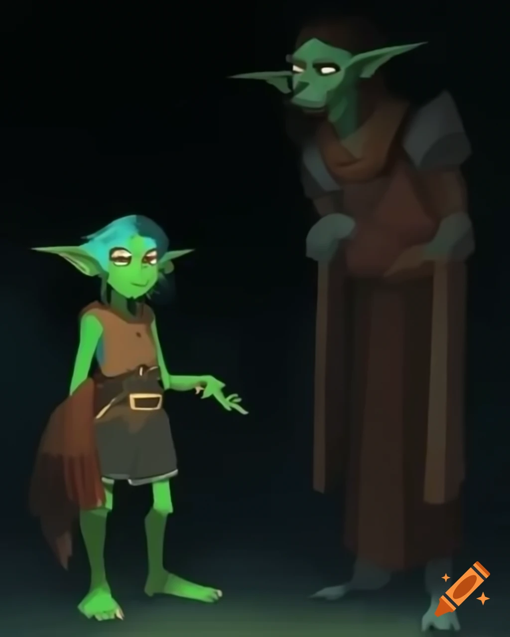 Goblin girl interacting with tall dark palace guard in anime style on ...
