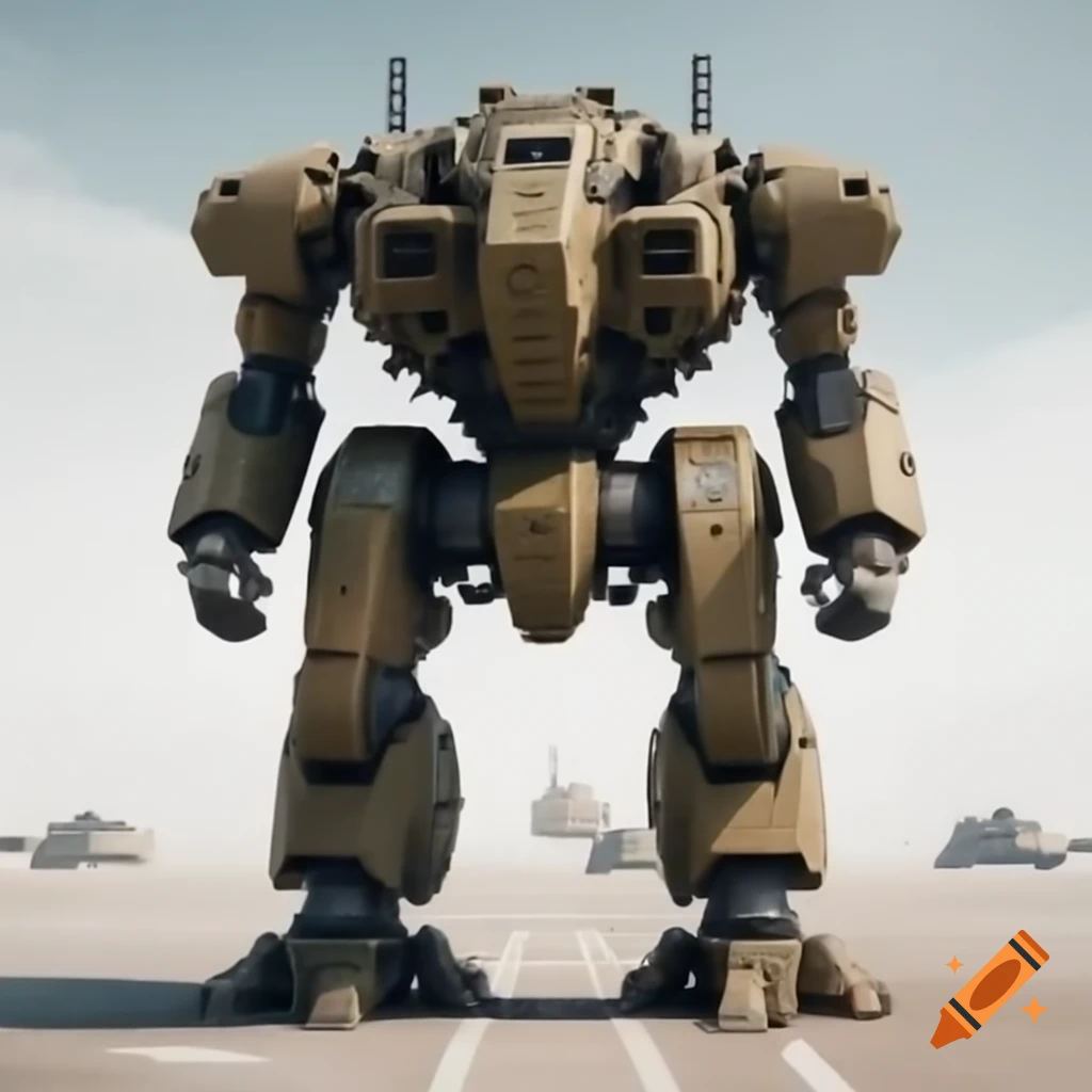 Three-quarter perspective of a heavily armored humanoid battle mech ...