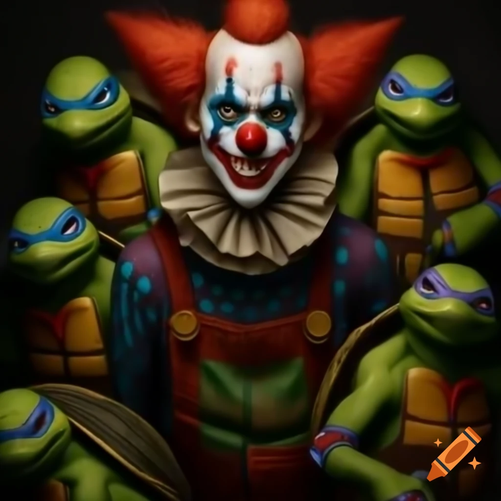 Clowns and turtles on the Discworld, whimsical scene on Craiyon