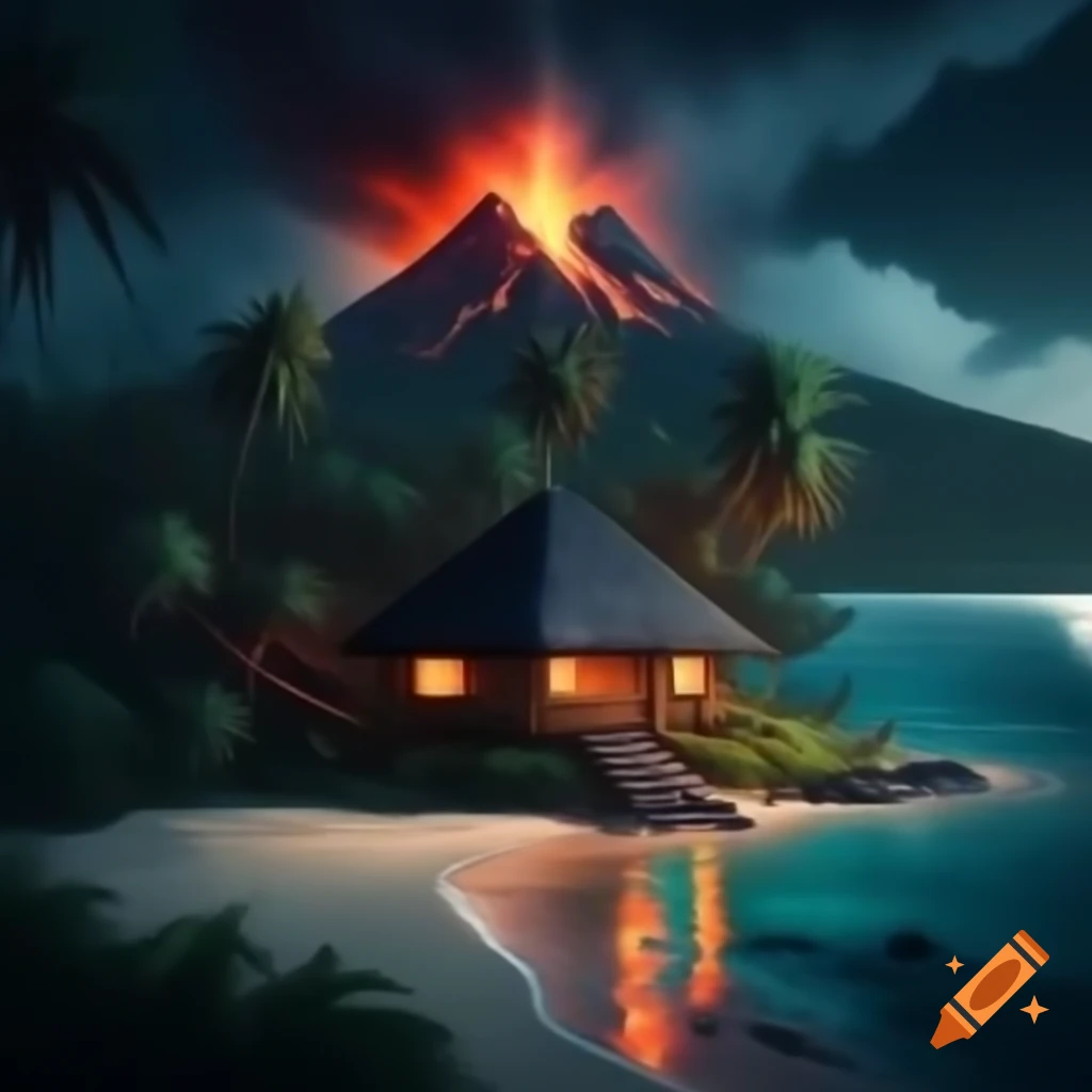 Minimalist image of Polynesian hut on beach at night with palm trees ...
