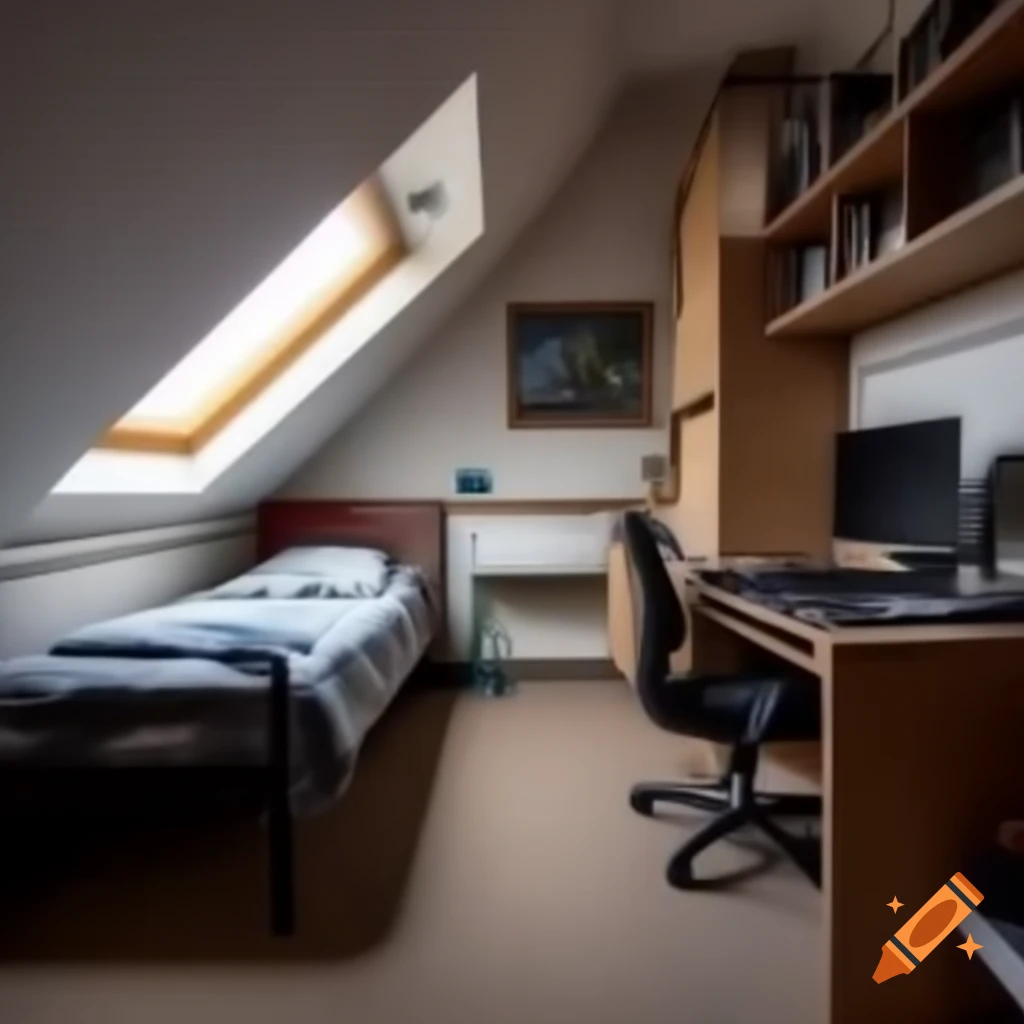 Student apartment featuring a slanted roof and gaming setup on Craiyon